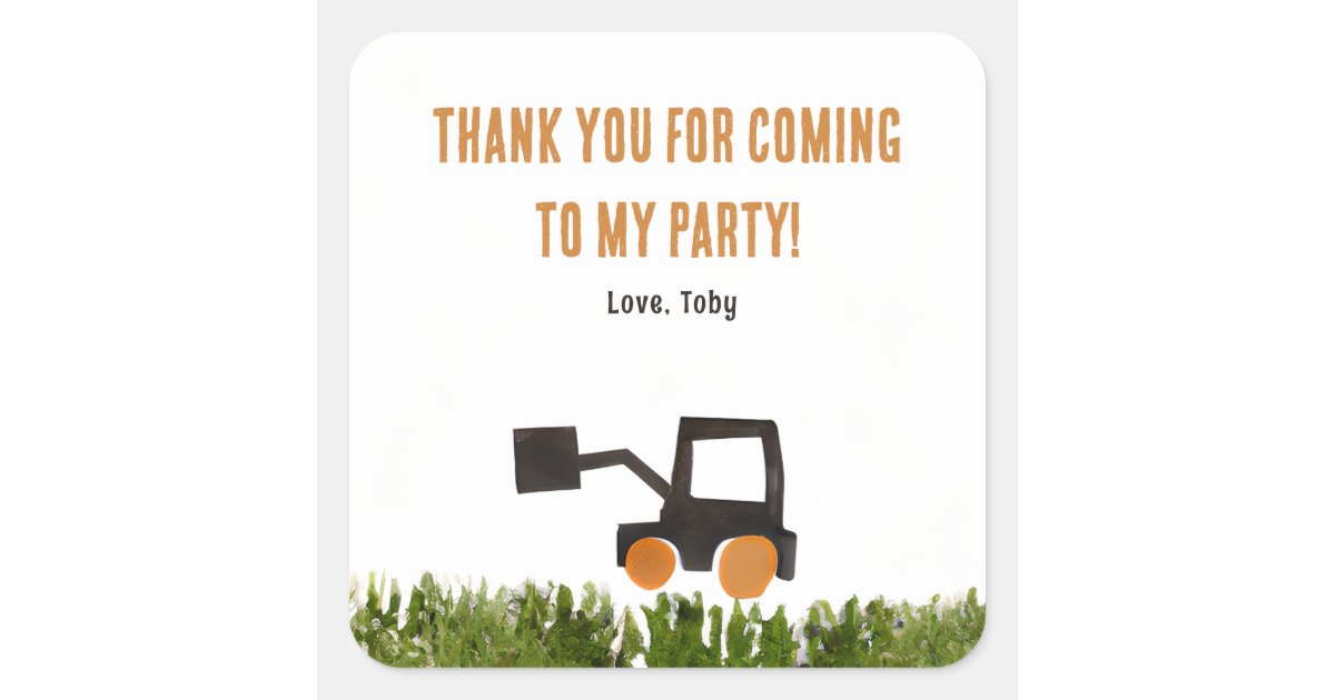 Cute Digger Truck Kids Birthday Party Thank You Square Sticker | Zazzle