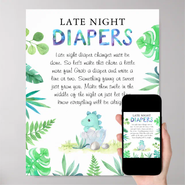 Cute Dino Boy Baby Shower 'Late Night Diaper' Poster | Zazzle