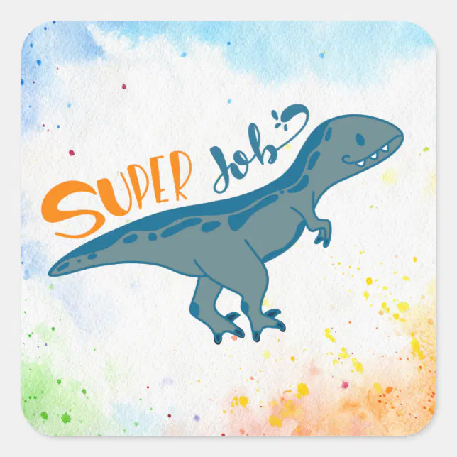 Cute Dino Super Job Teacher Student Reward Square Sticker | Zazzle