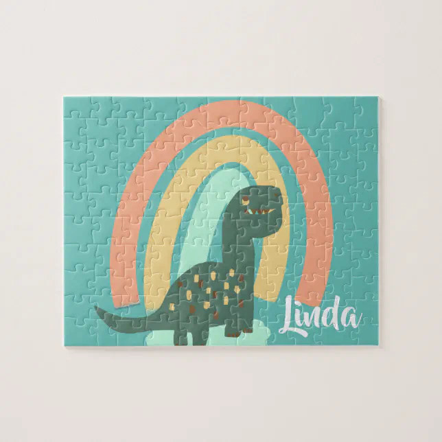 Cute Dinosaur and Rainbow Colorful Kids Art Jigsaw Puzzle | Zazzle