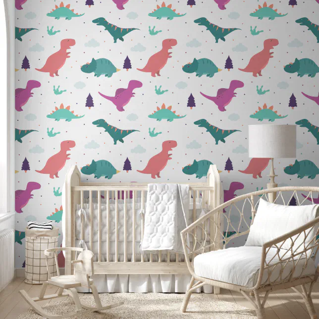 Cute Dinosaur Baby Girl Nursery Peel & Stick Wallpaper | Zazzle