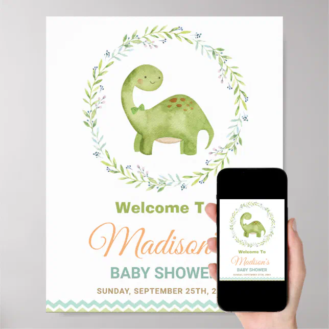 Cute Dinosaur Brontosaurus Boy Baby Shower Welcome Poster | Zazzle