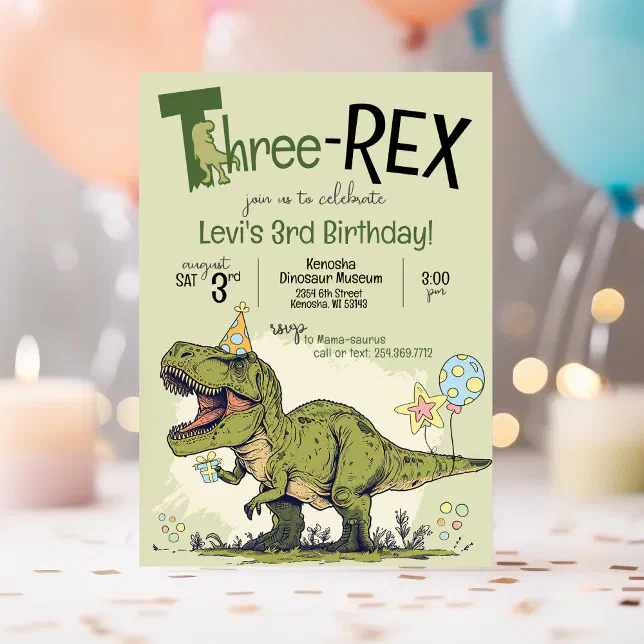 Cute Dinosaur Cartoon Three-Rex 3rd Birthday Party Invitation | Zazzle