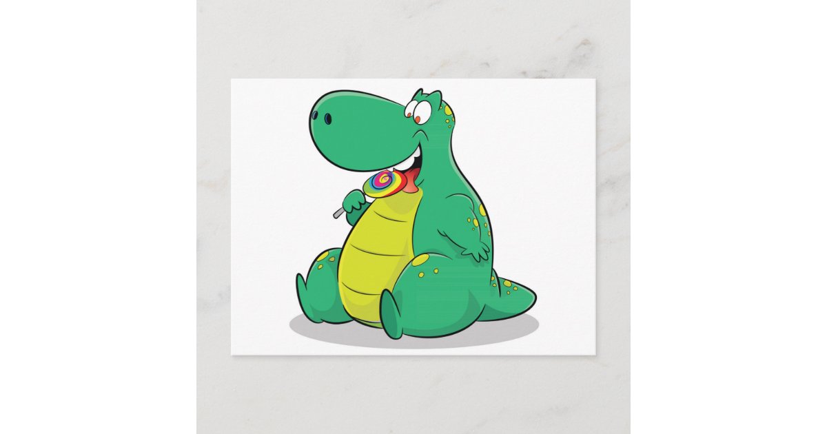 Cute dinosaur eating lollipop candy postcard | Zazzle
