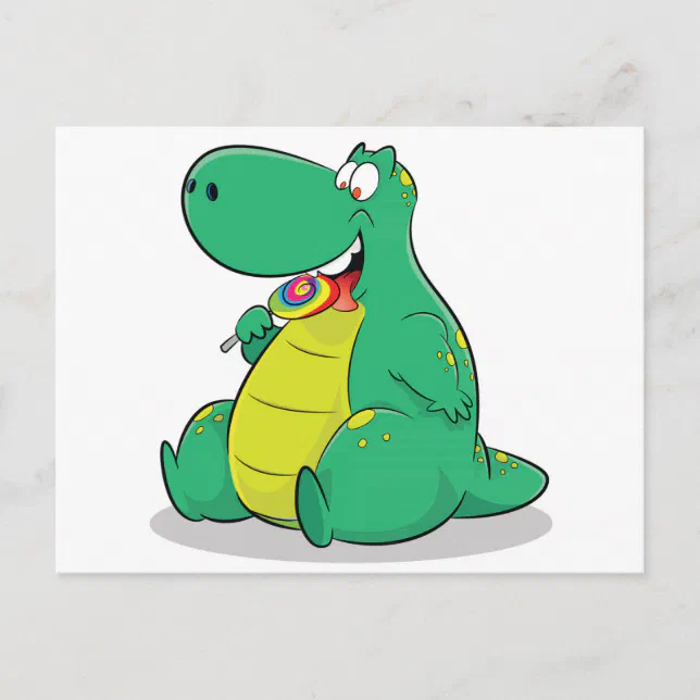 Cute dinosaur eating lollipop candy postcard | Zazzle