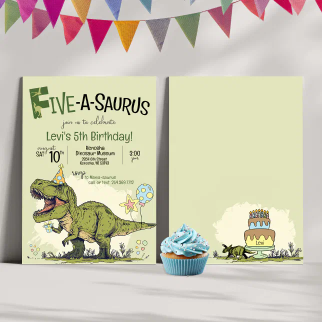 Cute Dinosaur Five-A-Saurus 5th Birthday Party Invitation | Zazzle