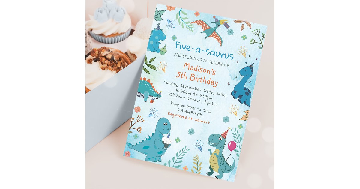 Cute Dinosaur Five-A-Saurus 5th Birthday Party Invitation | Zazzle