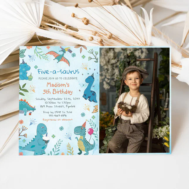 Cute Dinosaur Five-A-Saurus 5th Birthday Photo Invitation | Zazzle
