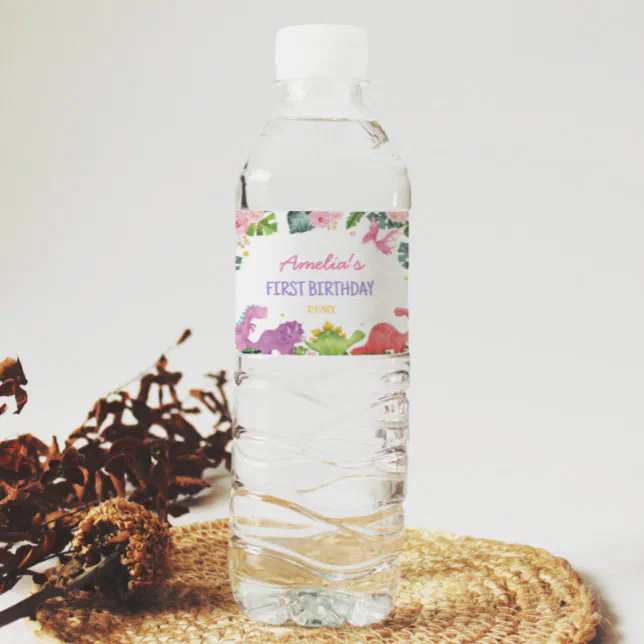 Cute Dinosaur Girl Birthday Water Bottle Label | Zazzle
