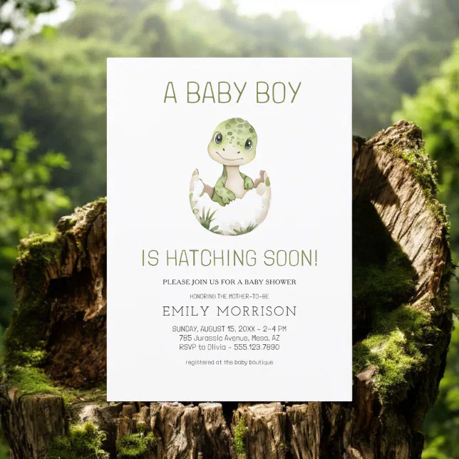 Cute Dinosaur Hatching Soon Baby Boy Shower Invitation | Zazzle