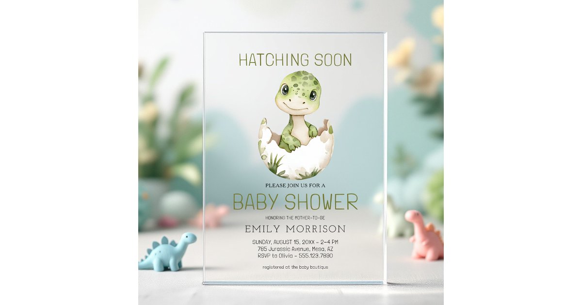 Cute Dinosaur Hatching Soon Baby Shower Acrylic Invitations | Zazzle