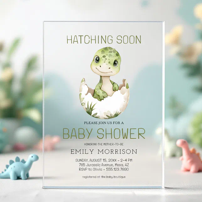 Cute Dinosaur Hatching Soon Baby Shower Acrylic Invitations | Zazzle
