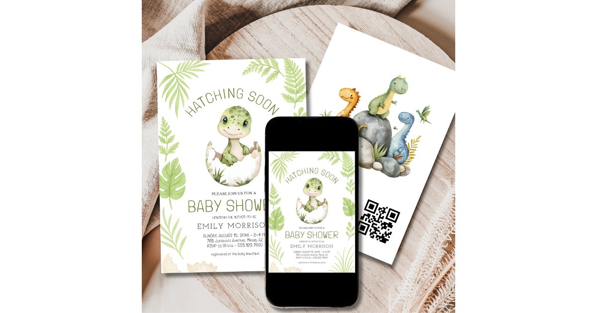 Cute Dinosaur Hatching Soon QR Code Baby Shower Invitation | Zazzle