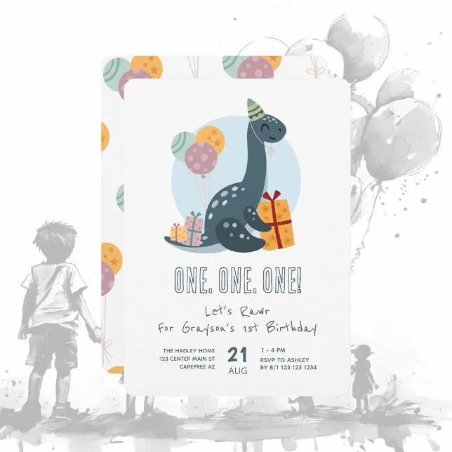 Cute Dinosaur Rawr Blue 1st Birthday Invitation | Zazzle