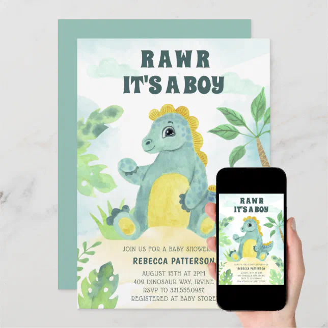 Cute Dinosaur Rawr Its a Boy Baby Shower Invitation | Zazzle