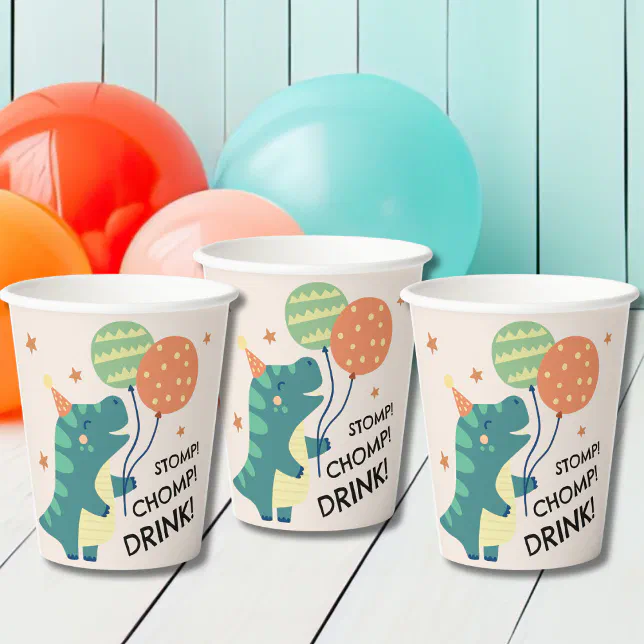 Cute Dinosaur Stomp Chomp Drink Birthday Party Paper Cups | Zazzle