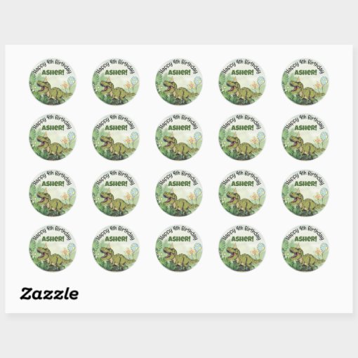 Cute Dinosaur Theme Kids Name Birthday Party Classic Round Sticker | Zazzle