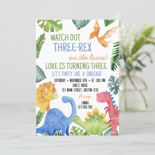 Cute Dinosaur Three-rex Birthday Invitation | Zazzle