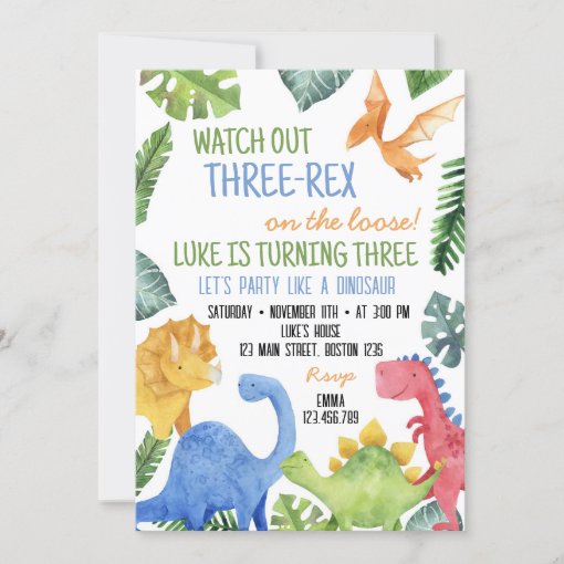 Cute Dinosaur Three-rex Birthday Invitation | Zazzle