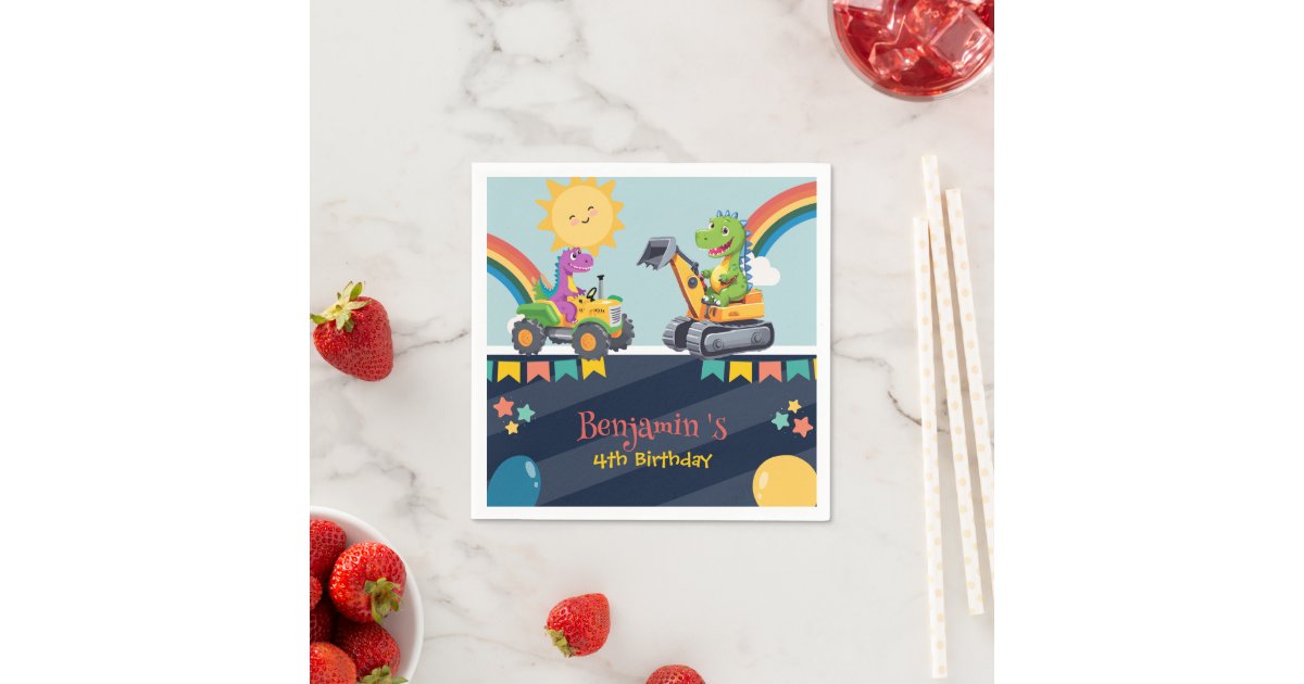 Cute dinosaur tractor truck Rainbow balloon HBD Napkins | Zazzle