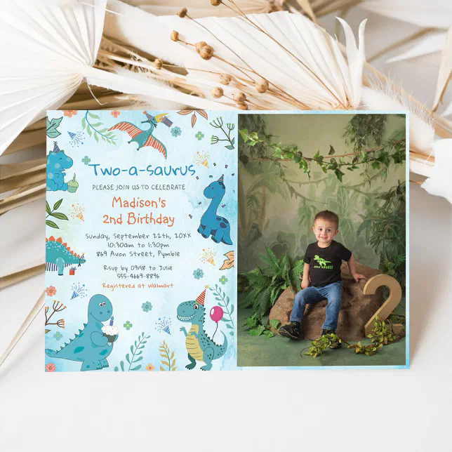 Cute Dinosaur Two-A-Saurus 2nd Birthday Photo Invitation | Zazzle