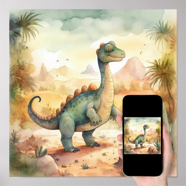Cute Dinosaur Watercolor Storybook Illustration Poster | Zazzle