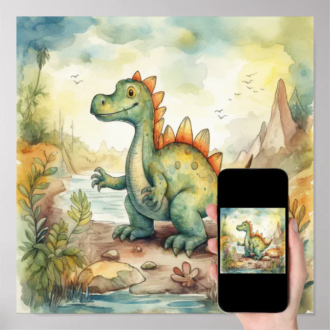 Cute Dinosaur Watercolor Storybook Illustration Poster | Zazzle