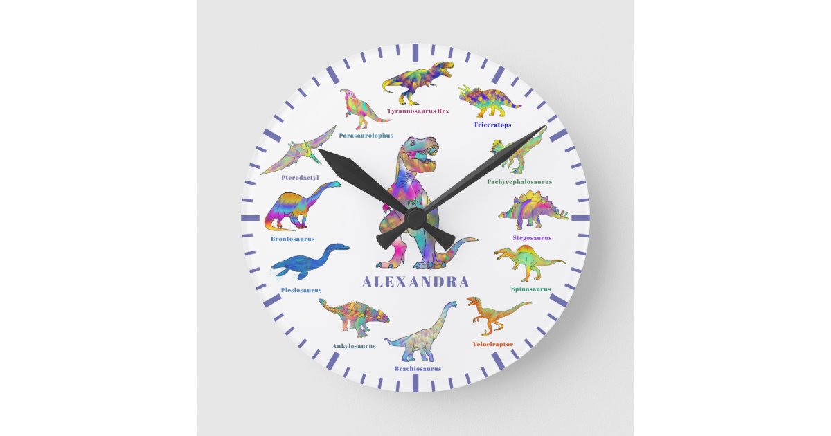 Cute Dinosaurs with names Personalized purple Round Clock | Zazzle