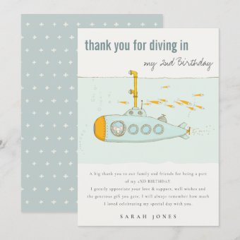 Cute Dive In Underwater Submarine Any Age Birthday Thank You Card | Zazzle