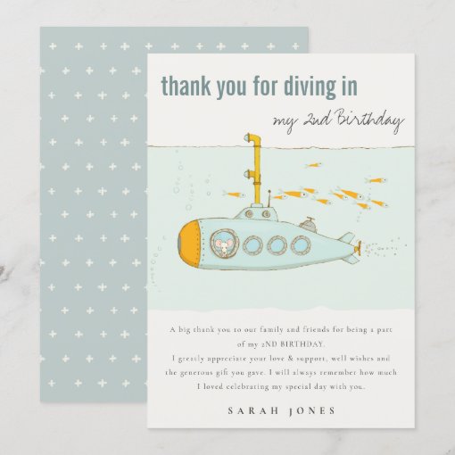 Cute Dive In Underwater Submarine Any Age Birthday Thank You Card | Zazzle