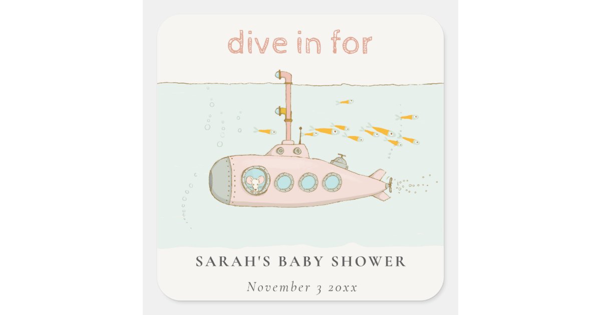 Cute Dive In Underwater Submarine Baby Shower Square Sticker | Zazzle