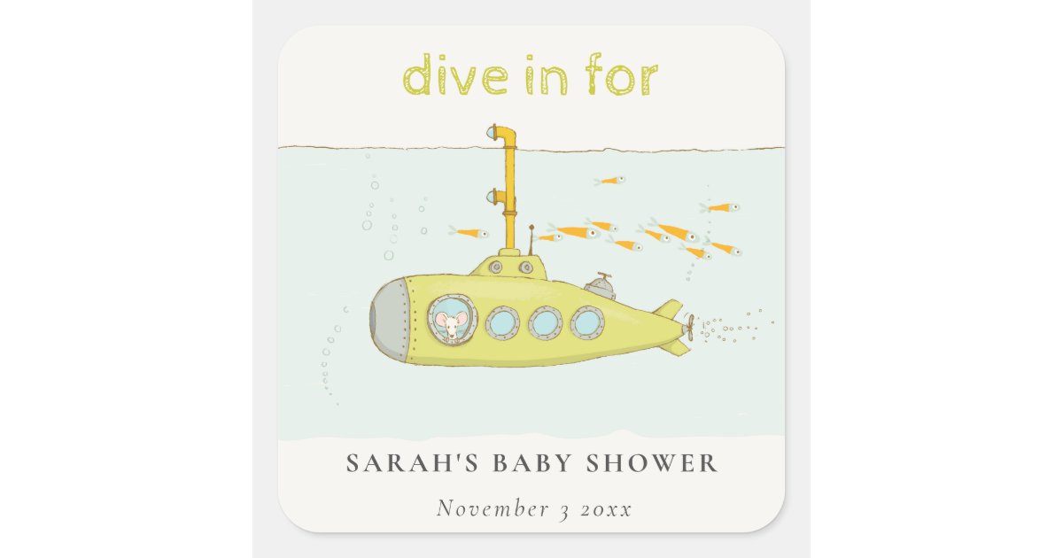 Cute Dive In Underwater Submarine Baby Shower Square Sticker | Zazzle