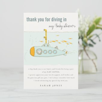 Cute Dive In Underwater Submarine Baby Shower Thank You Card | Zazzle