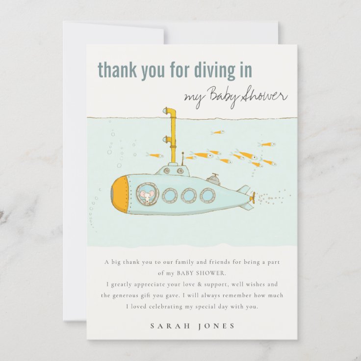 Cute Dive In Underwater Submarine Baby Shower Thank You Card | Zazzle