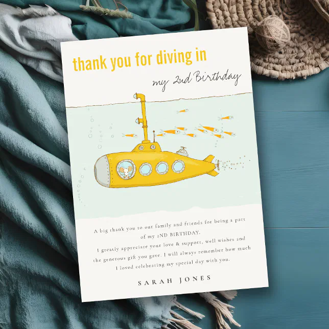 Cute Dive In Underwater Submarine Yellow Birthday Thank You Card | Zazzle