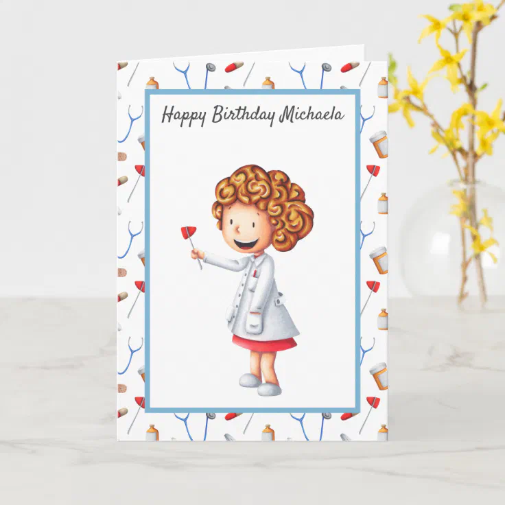Cute Doctor Girl Illustrated and Pattern Birthday Card | Zazzle