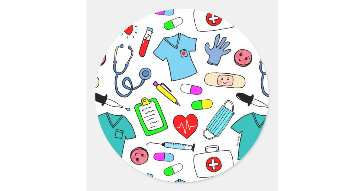 Cute Doctor Nurse Medical Supplies Pattern Classic Round Sticker | Zazzle