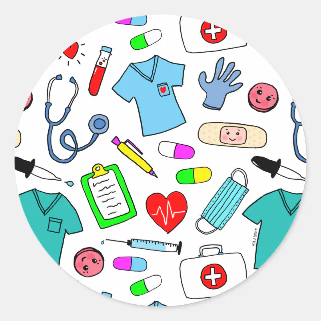 Cute Doctor Nurse Medical Supplies Pattern Classic Round Sticker | Zazzle