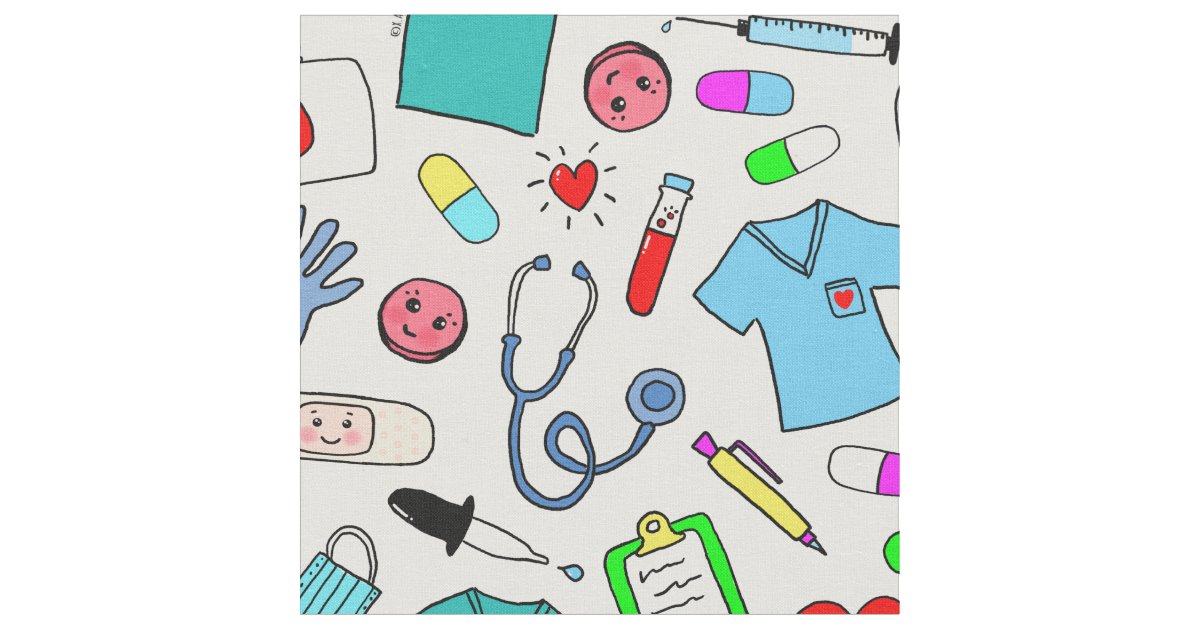 Cute Doctor Nurse Medical Supplies Pattern Fabric | Zazzle