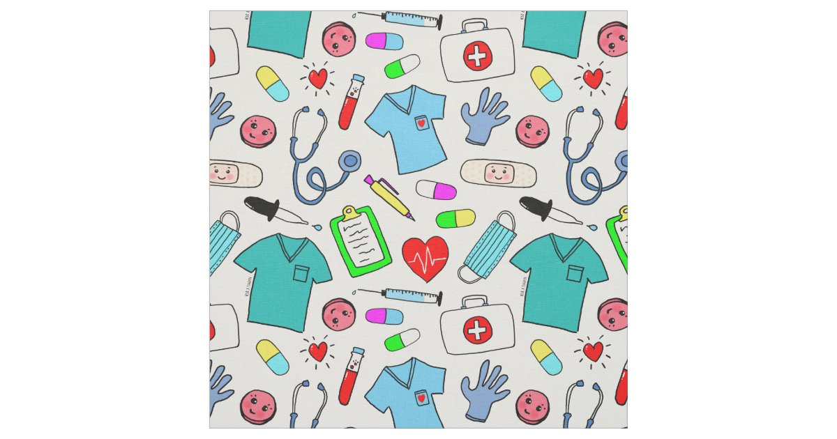Cute Doctor Nurse Medical Supplies Pattern Fabric | Zazzle