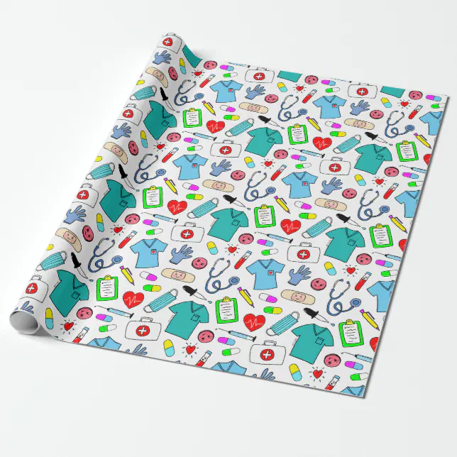 Cute Doctor Nurse Medical Supplies Pattern Wrapping Paper | Zazzle