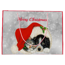 Cute Dog Cat Santa Cap Christmas Large Gift Bag | Zazzle
