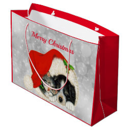 Cute Dog Cat Santa Cap Christmas Large Gift Bag | Zazzle