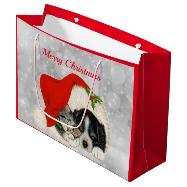 Cute Dog Cat Santa Cap Christmas Large Gift Bag | Zazzle