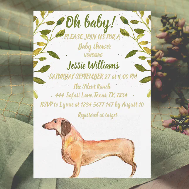 Cute Dog Dachshund Floral Green Weiner Baby Shower Invitation | Zazzle