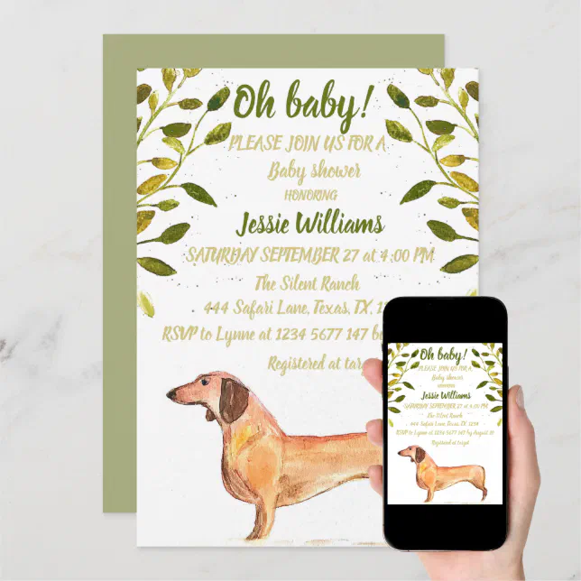 Cute Dog Dachshund Floral Green Weiner Baby Shower Invitation | Zazzle