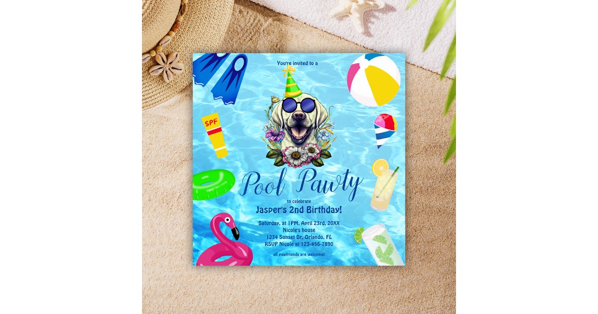 Cute Dog Pool Party Birthday Invitation | Zazzle
