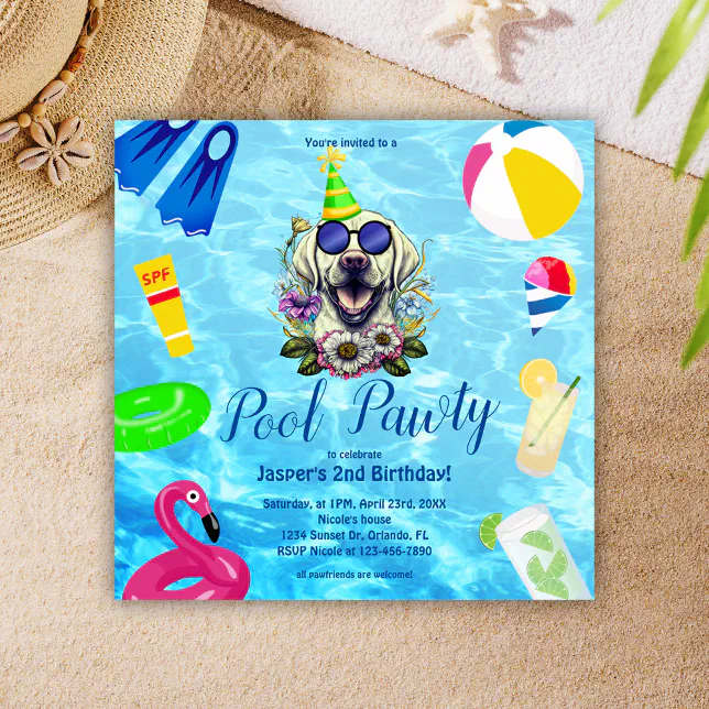 Cute Dog Pool Party Birthday Invitation | Zazzle