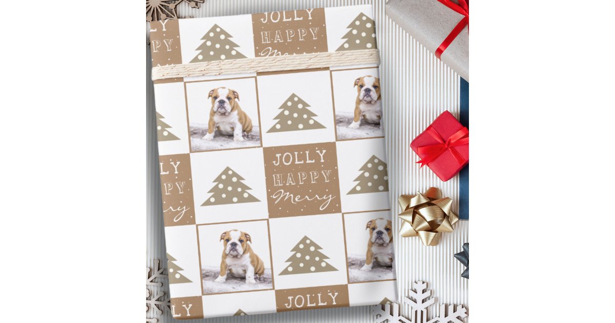 Cute Dog Puppy Pet Typography Christmas Tree Photo Wrapping Paper | Zazzle