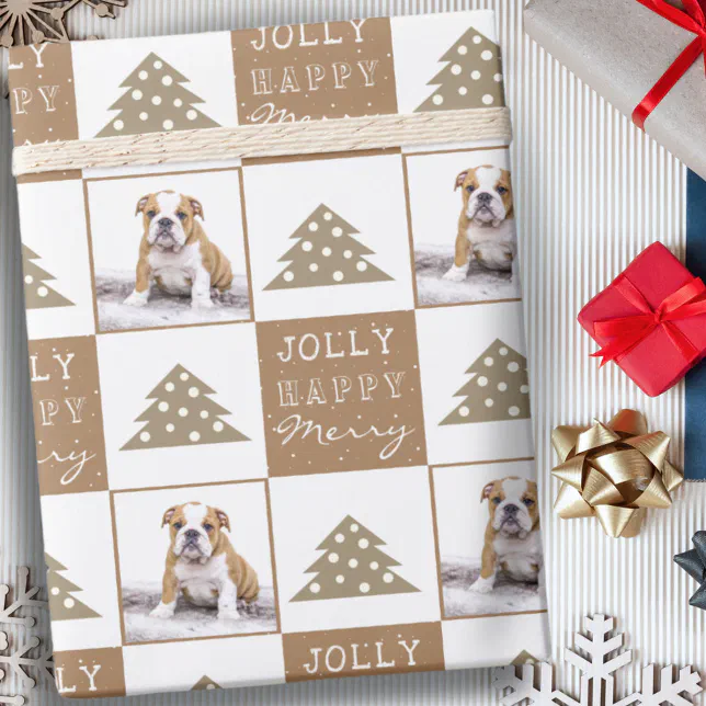 Cute Dog Puppy Pet Typography Christmas Tree Photo Wrapping Paper | Zazzle